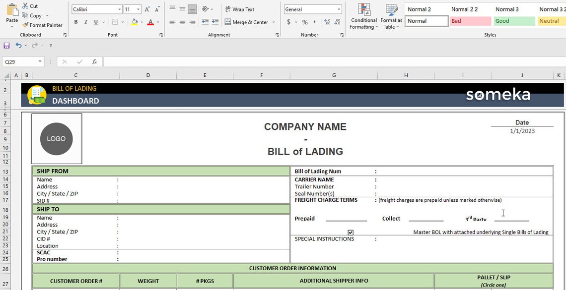 Bill of Lading Excel Template: Printable Waybill Form - Etsy