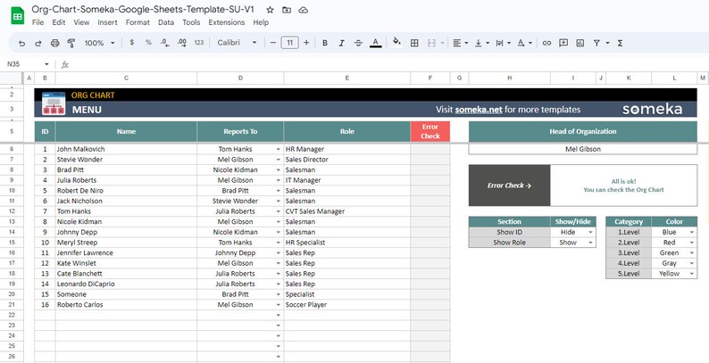 Org Chart Google Sheets Template | Organizational Chart Generator | Create Organizational Chart ...