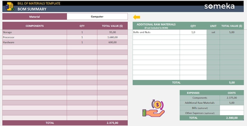 Bill of Materials Excel Template | Excel BOM Template | Multi Level BOM | Material Parts ...