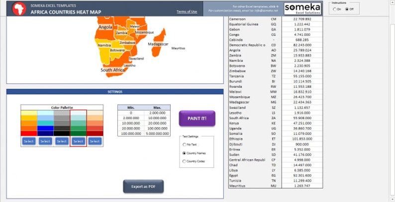 Africa Geographic Heat Map | Excel Template | Density Map | Automatic ...