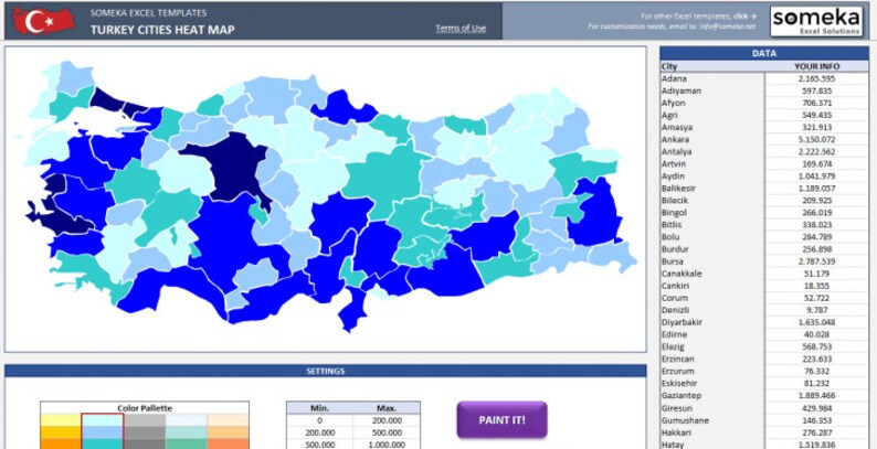 Turkey Geographic Heat Map | Excel Template | Density Map | Automatic ...