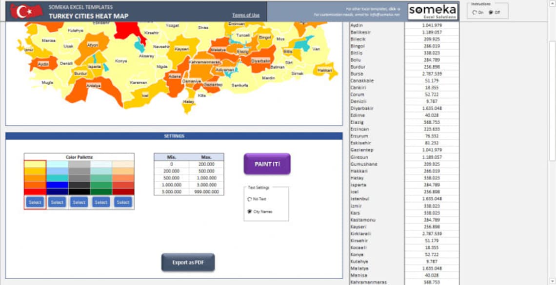 Turkey Geographic Heat Map | Excel Template | Density Map | Automatic ...