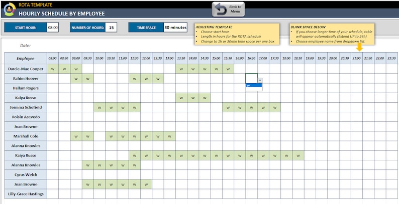 Instant Digital Download Employee Work Schedule ROTA Template Employee 