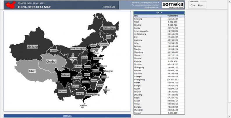 China Geographic Heat Map | Excel Template | Density Map | Automatic ...