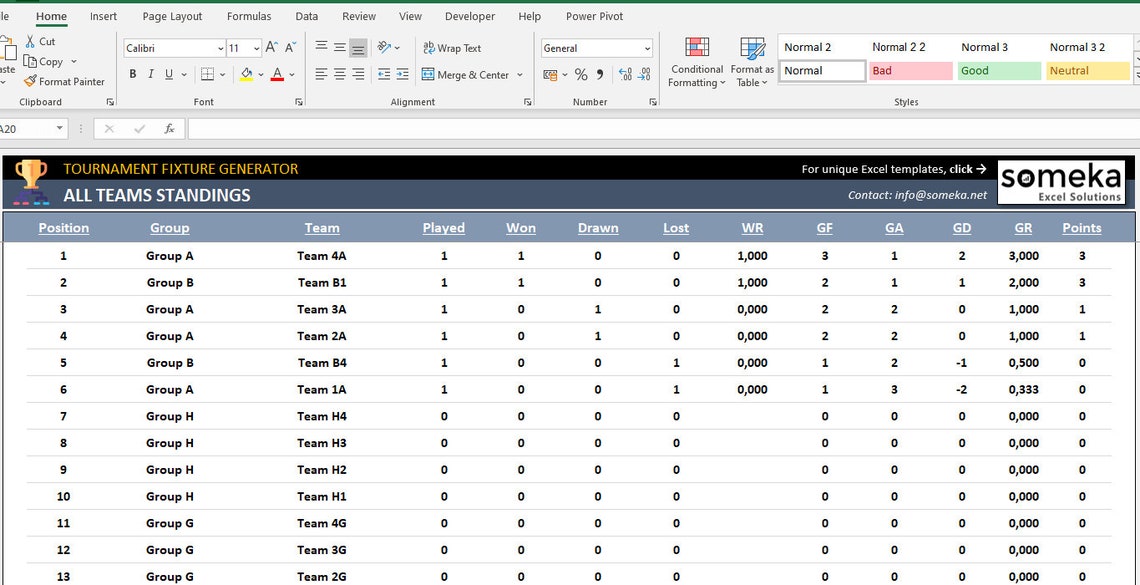 Tournament Fixture Generator | Excel Template | Sports Fixture ...