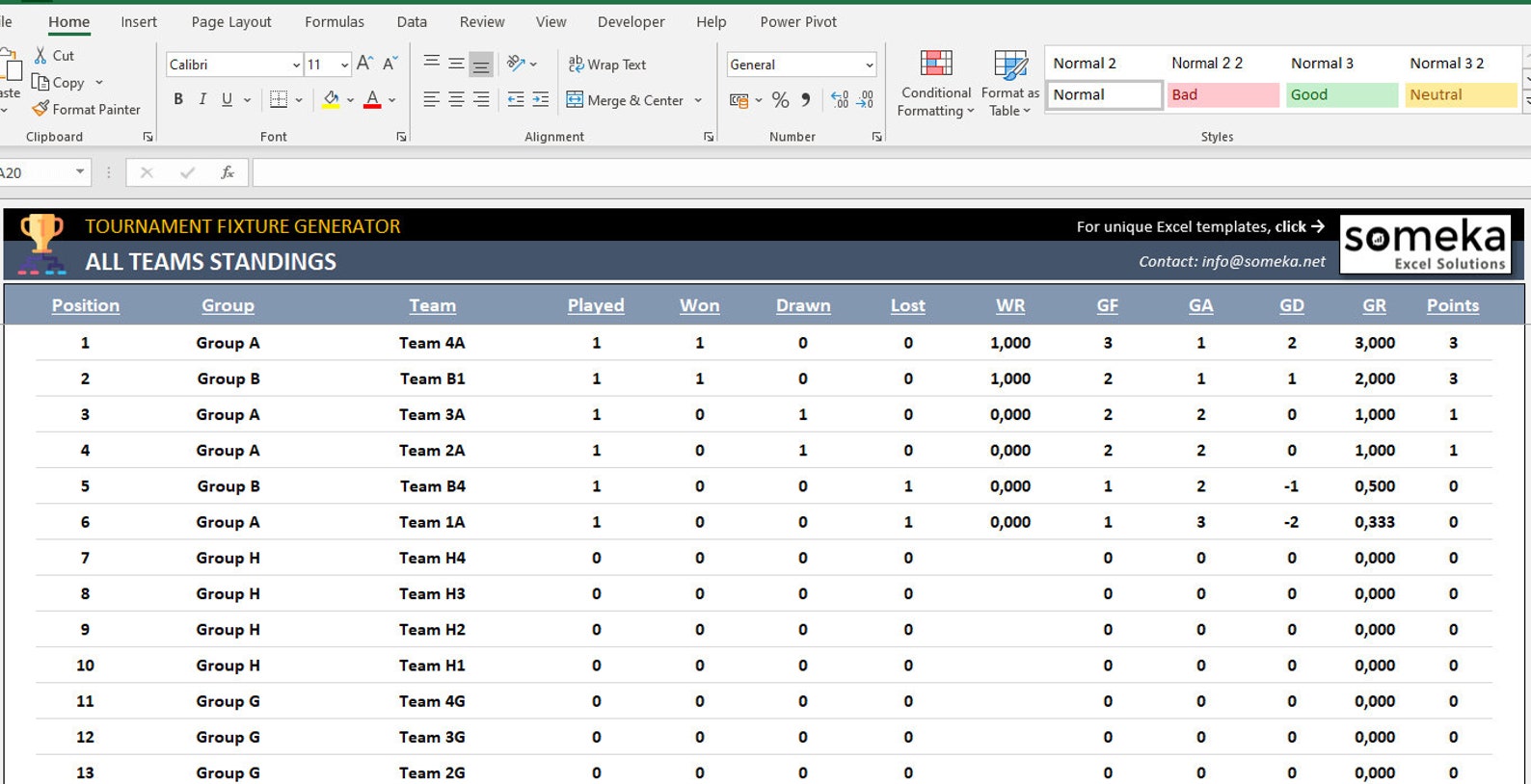Tournament Fixture Generator: Excel Template, Sports Elimination ...