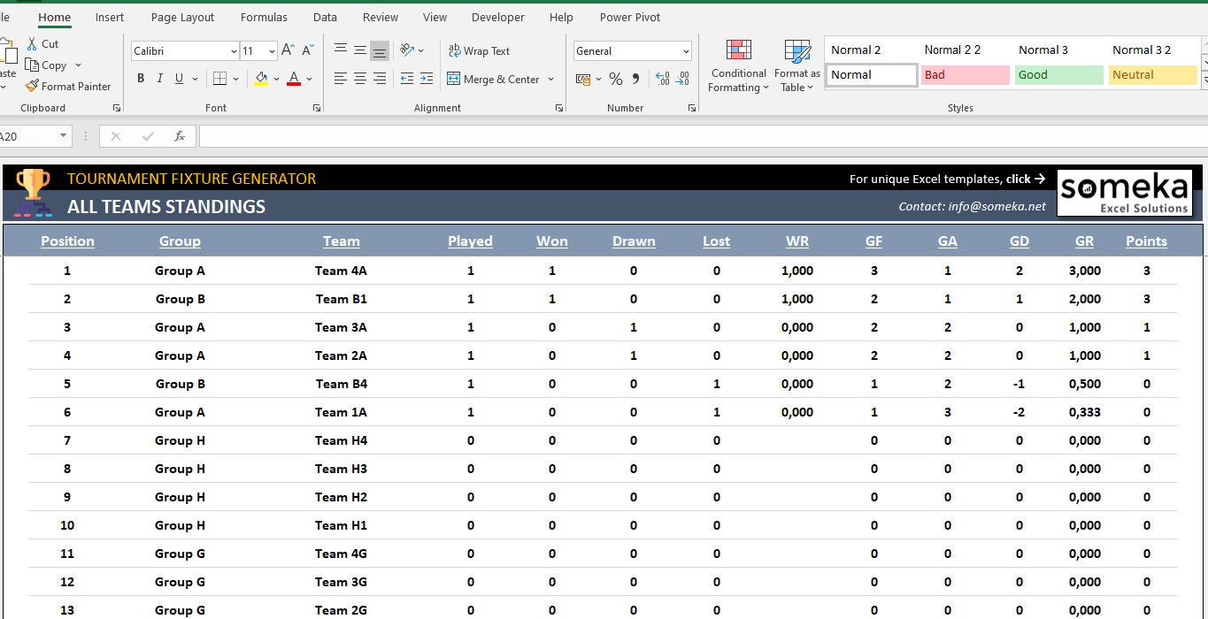 Tournament Fixture Generator: Excel Template, Sports Elimination ...