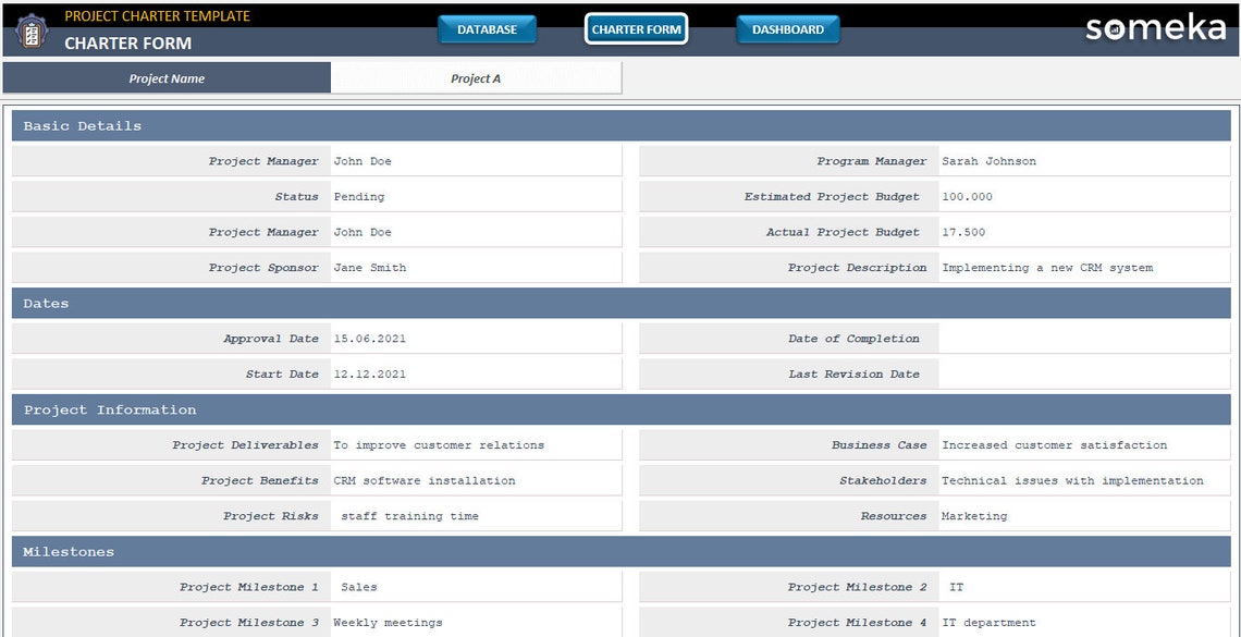 Project Charter Creator Excel Template PMO Tool Gharter Gantt Project ...