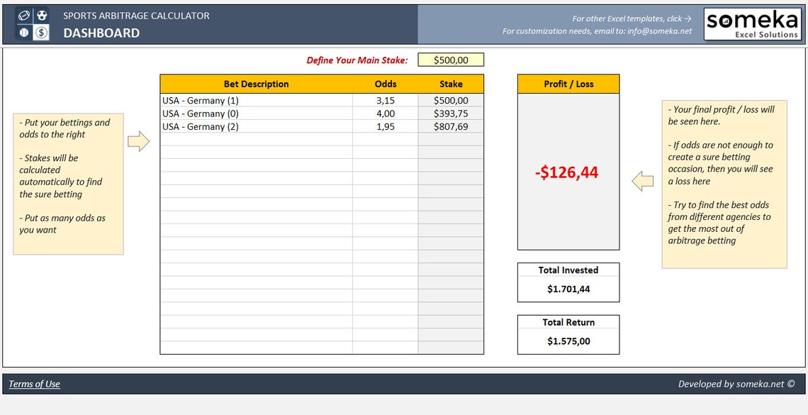 Sports Arbitrage Calculator Excel Template to Calculate Odds and Stakes ...