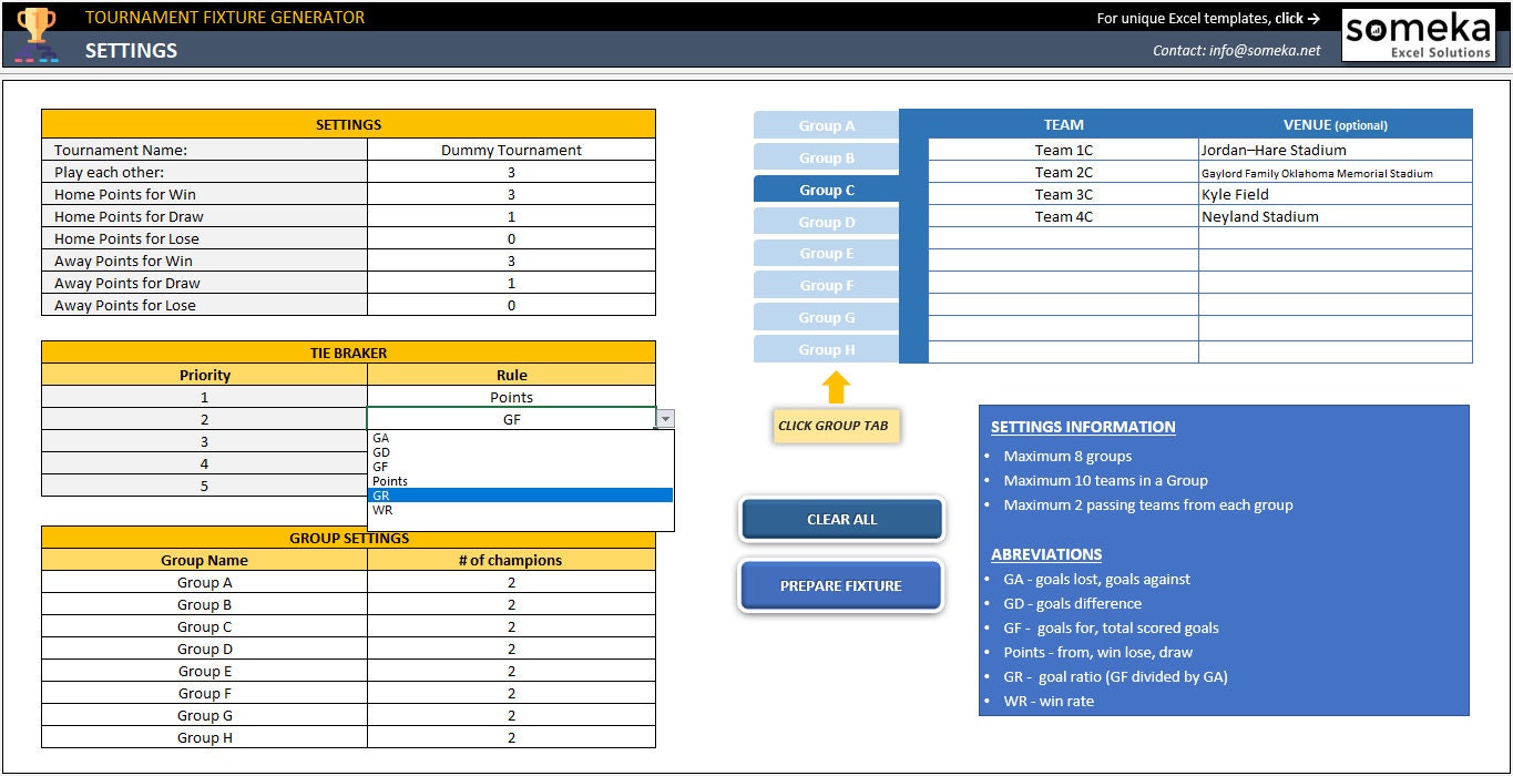 Tournament Fixture Generator | Excel Template | Sports Fixture ...