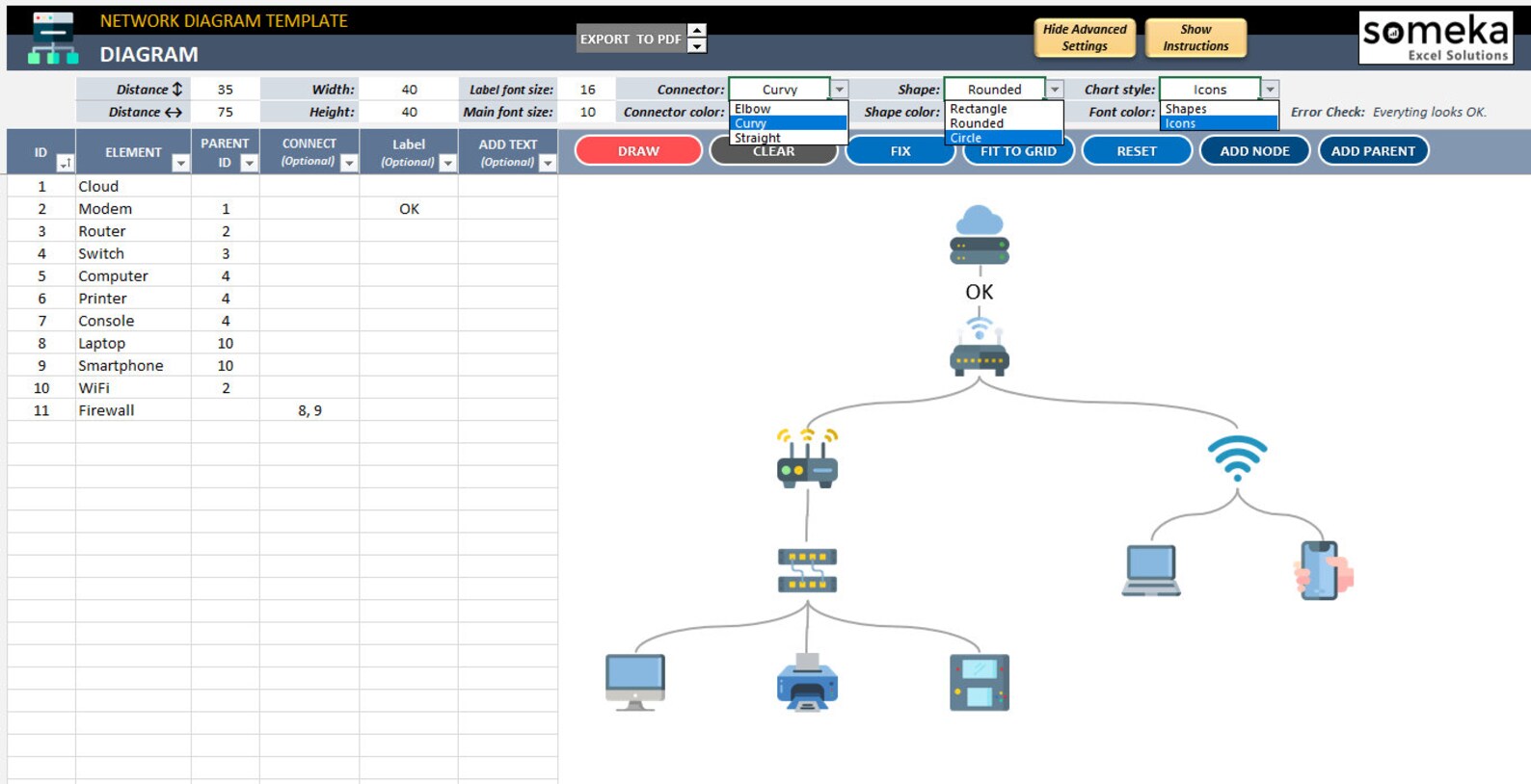 Diagrama de red Plantilla de Excel / Creador de diagramas / Generador ...