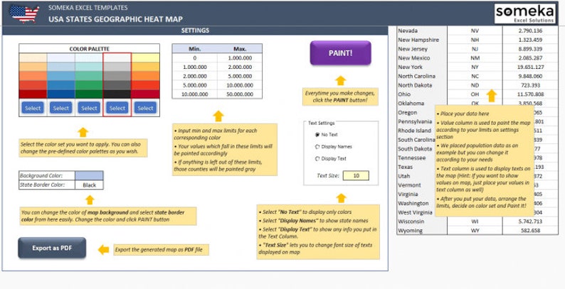 USA Geographic Heat Map | Excel Template | Density Map | Automatic City ...