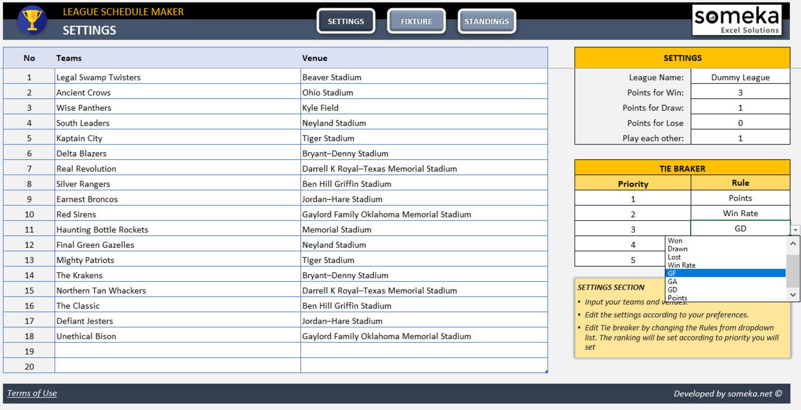 Football League Schedule Maker | Excel Template - Etsy