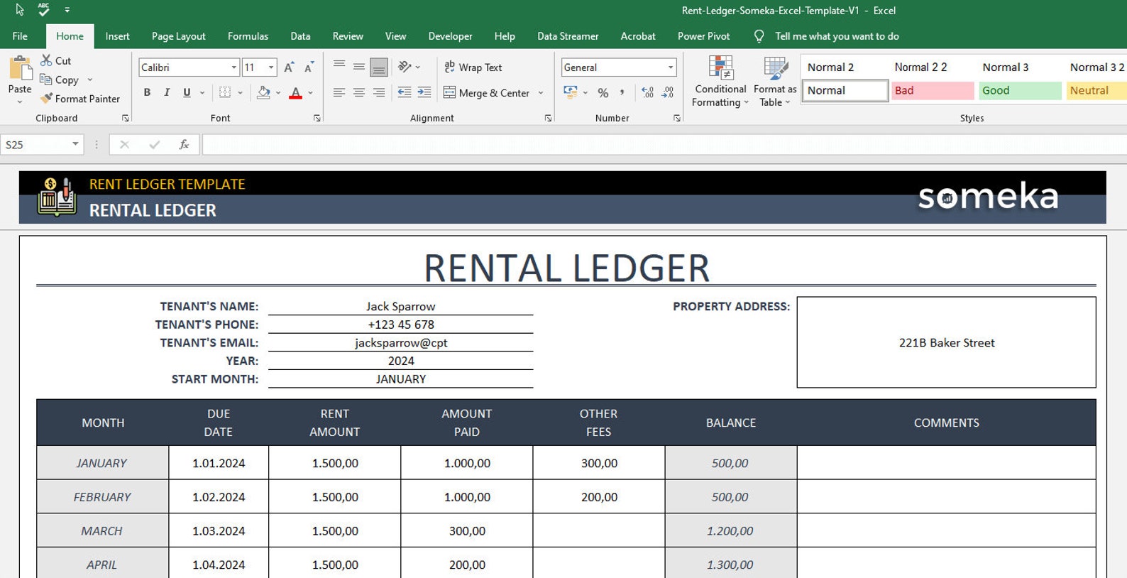 Rental Ledger Template | Excel Rent Ledger | Printable Rental Ledger ...