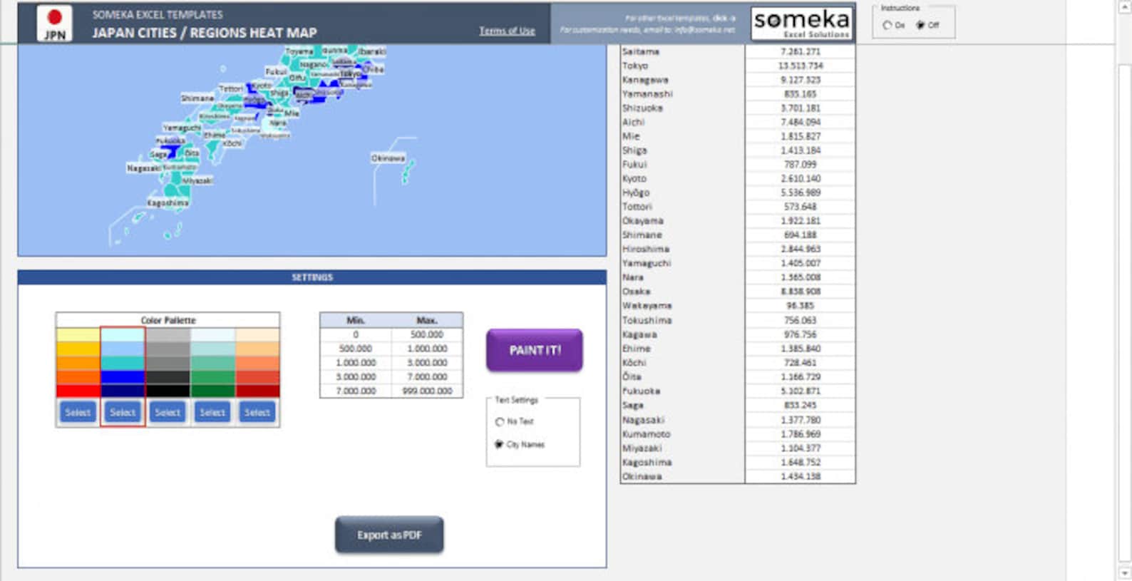 Japan Geographic Heat Map Excel Template Density Map Automatic City ...