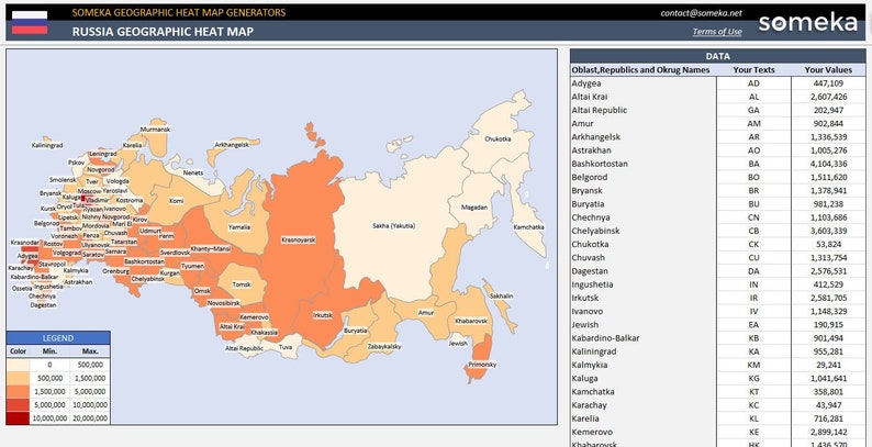 Russia Geographic Heat Map Excel Template Density Map Automatic Heat ...
