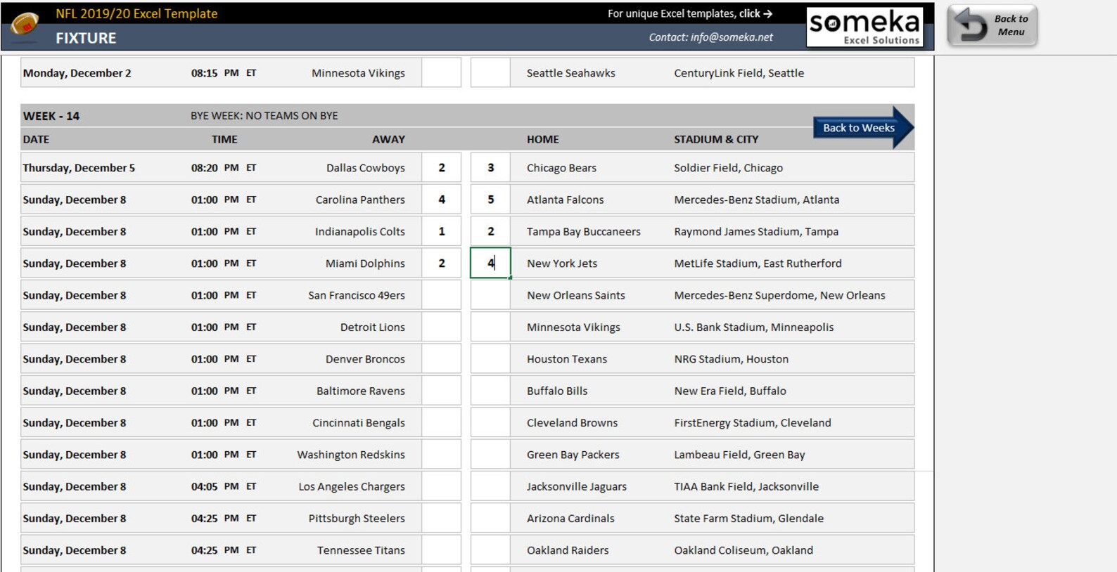 NFL 2020-2021 Excel Template NFL Fixture Template | Etsy