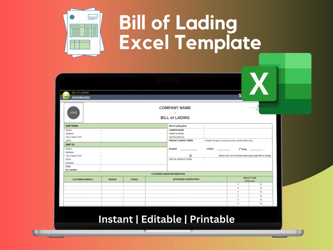Bill of Lading Excel Template: Printable Waybill Form - Etsy