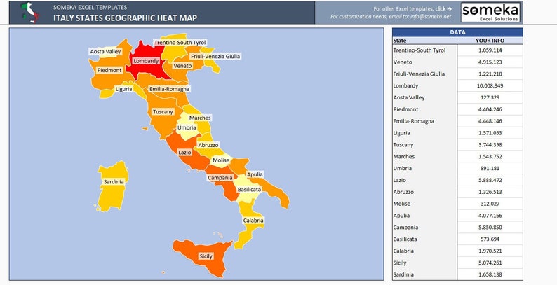 Italy Geographic Heat Map | Excel Template | Density Map | Automatic ...