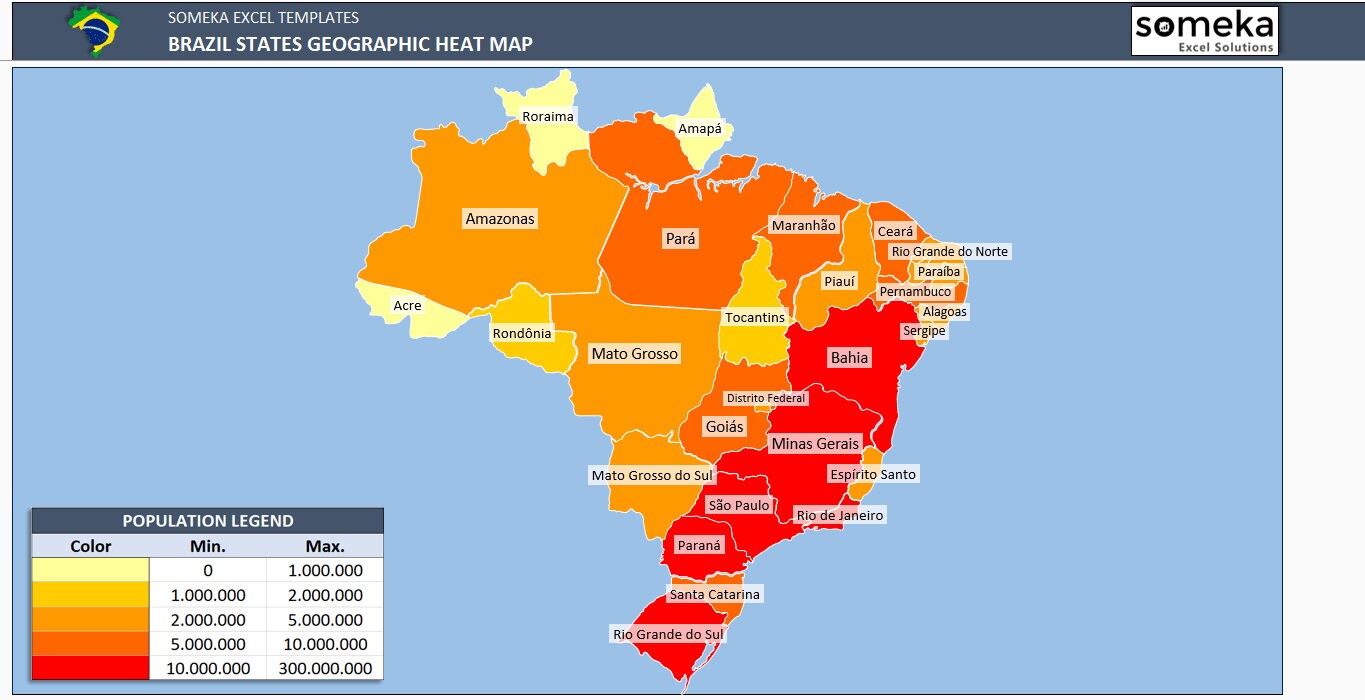 Brazil Geographic Heat Map | Excel Template | Automatic City Coloring ...