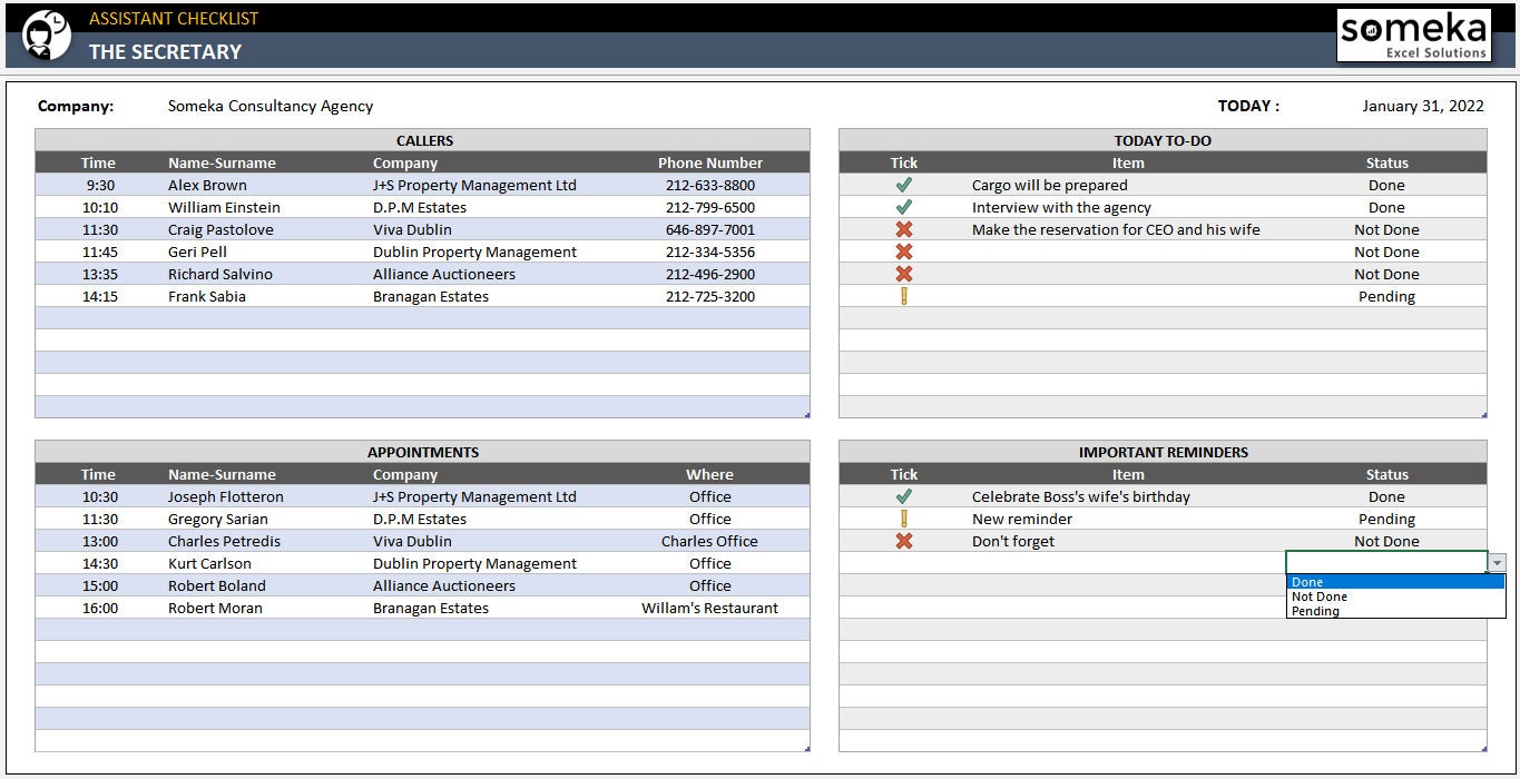 Executive Assistant Daily Checklist in Excel Printable Spreadsheet ...