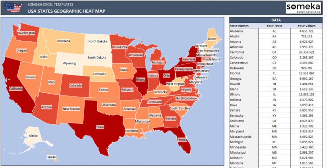 USA Geographic Heat Map | Excel Template | Density Map | Automatic City ...
