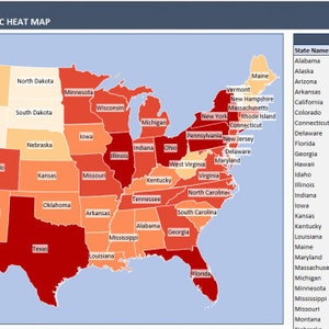 USA Geographic Heat Map | Excel Template | Density Map | Automatic City ...