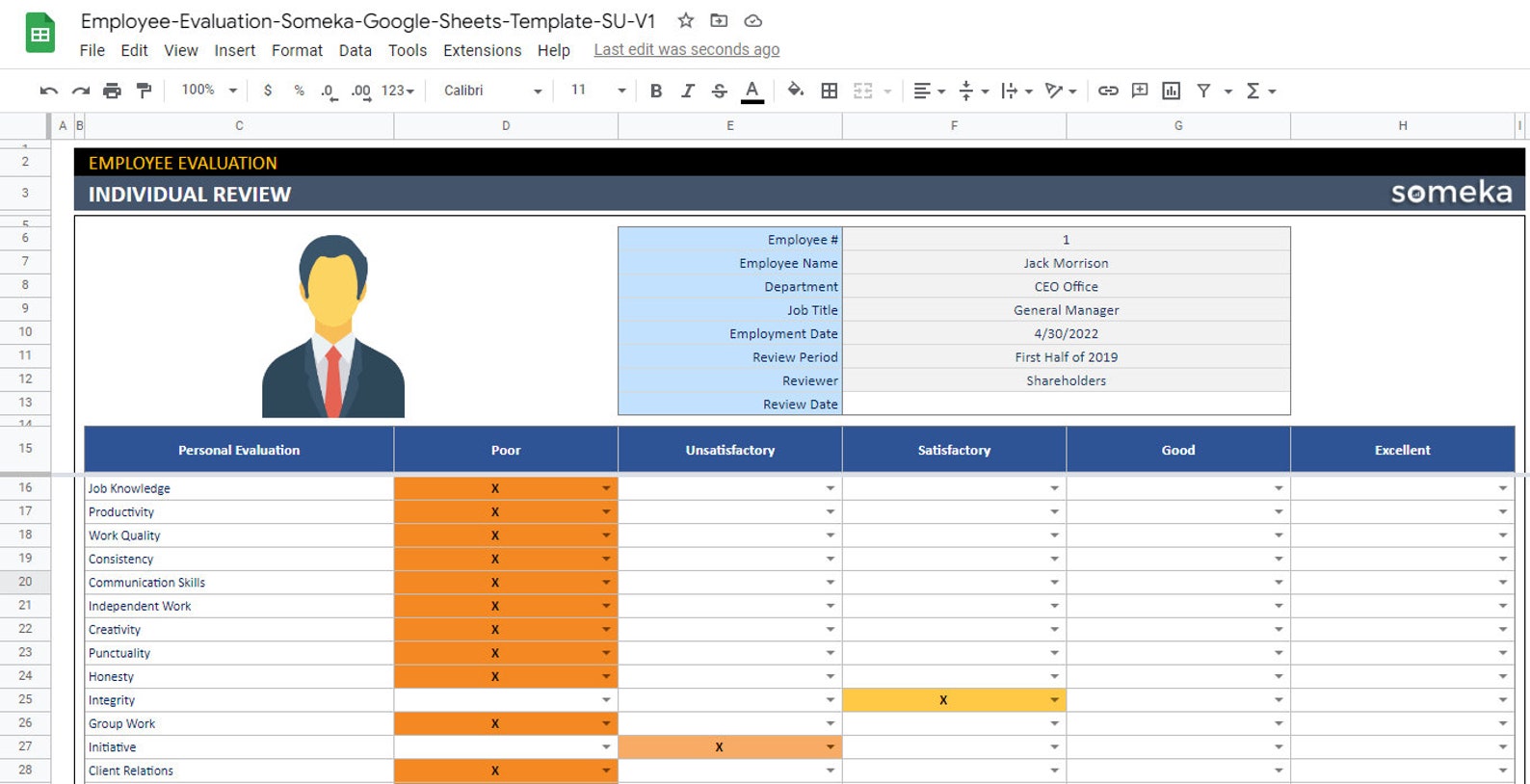 Employee Evaluation | Google Sheets Template | Performance Review Tool ...