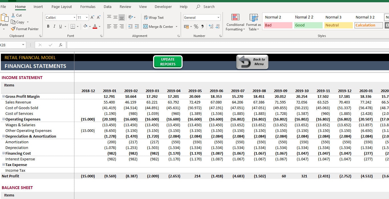 Retail Business Financial Model Excel for Business Financial Planner ...