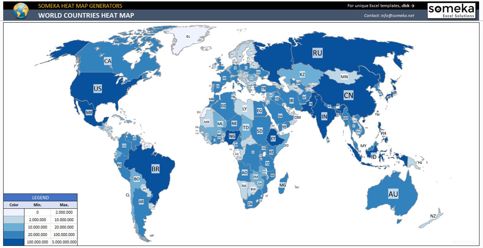 World Heat Map Excel Template | Density Map | Automatic City Coloring ...