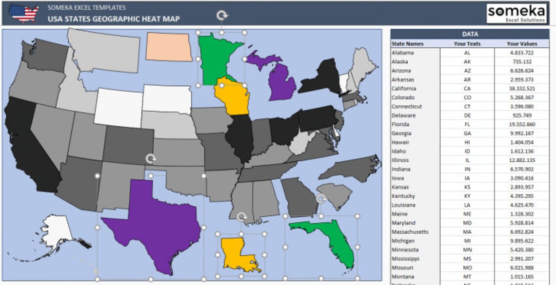 USA Geographic Heat Map | Excel Template | Density Map | Automatic City ...