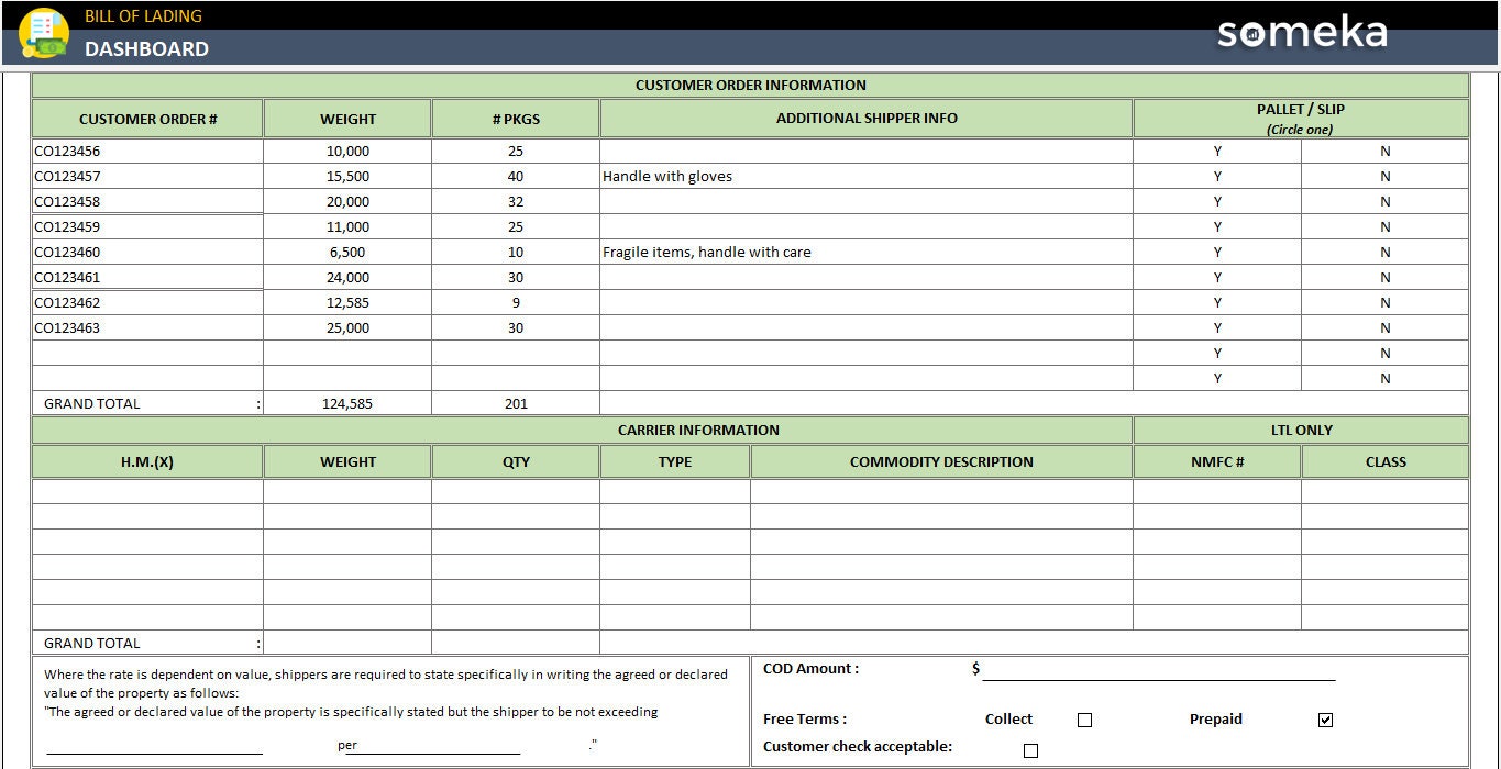 Bill of Lading Excel Template: Printable Waybill Form - Etsy