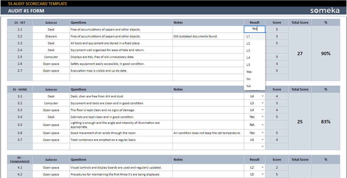 5S Audit Scorecard: Google Sheets Template (printable) - Etsy