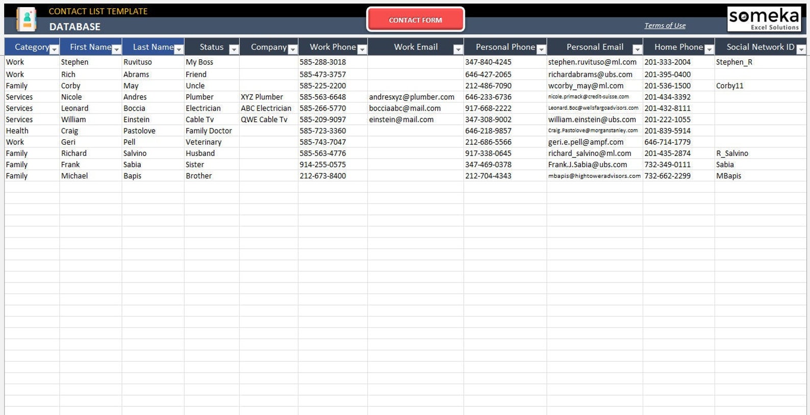 Contact List Template in Excel Ready to Print Professional Spreadsheet ...