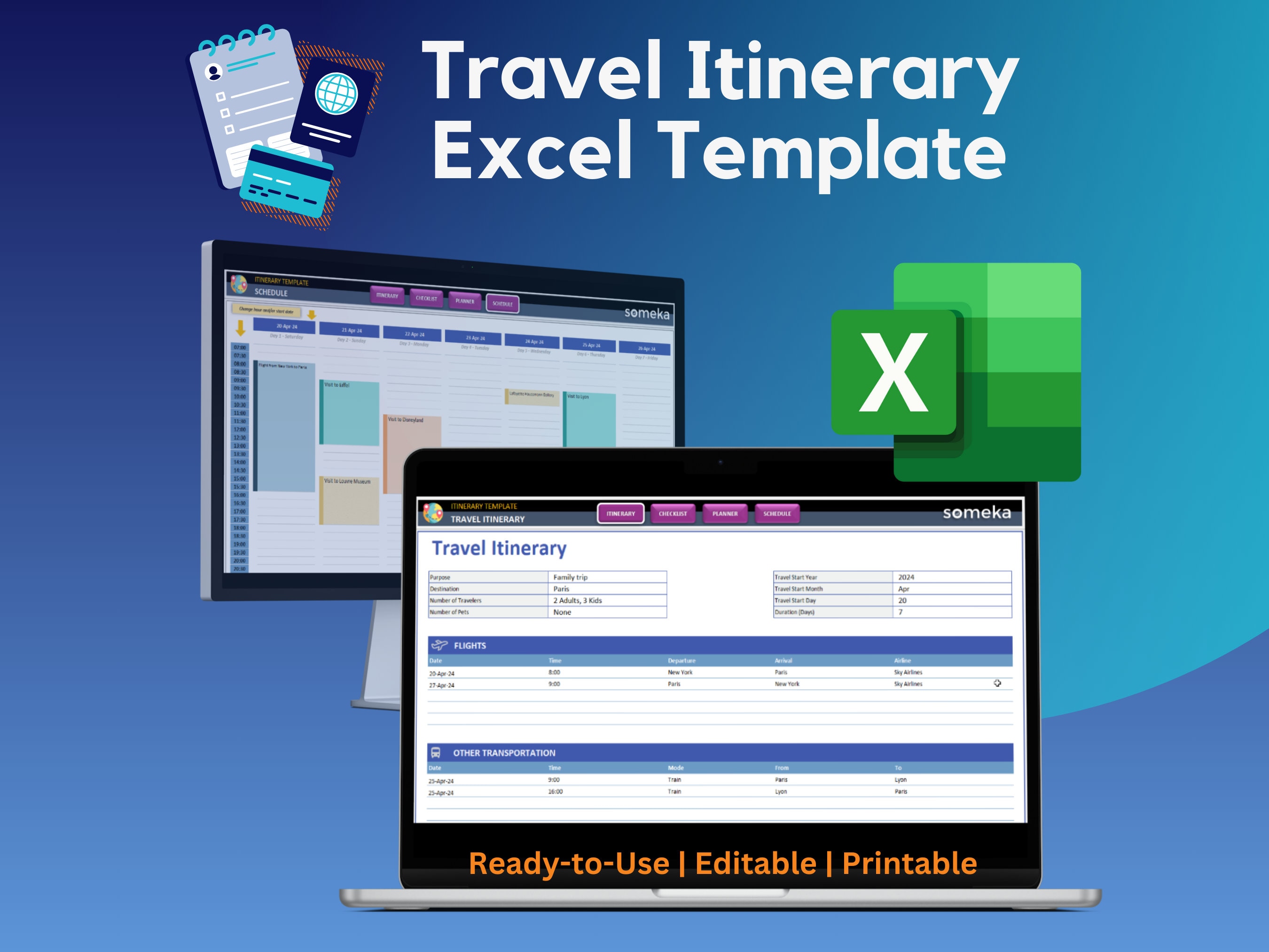 Travel Itinerary Excel Template Trip Planner With Checklists Daily ...