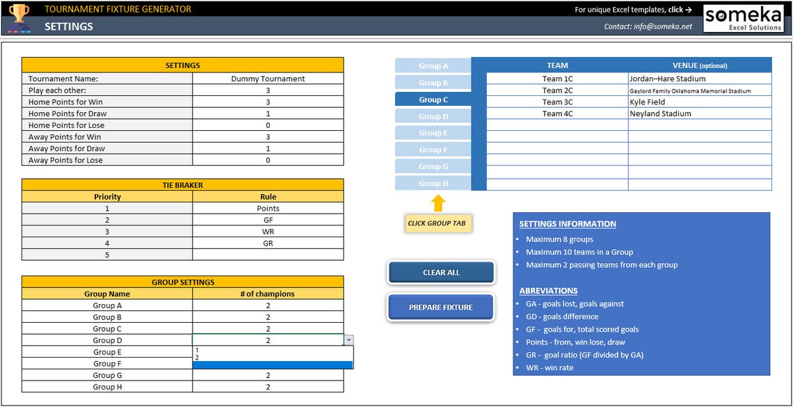 Tournament Fixture Generator | Excel Template | Sports Fixture ...