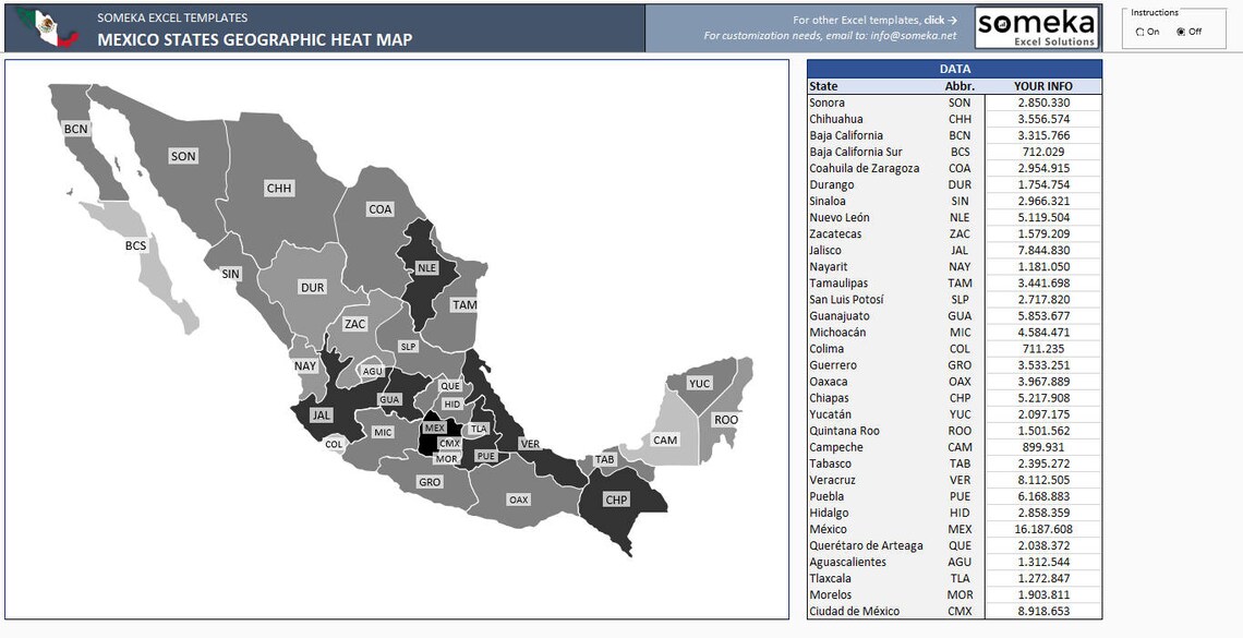 Plantilla de Excel para el mapa de calor de México / Mapa de densidad ...