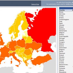 Europe Heat Map Excel Template | Density Map | Automatic City Coloring ...