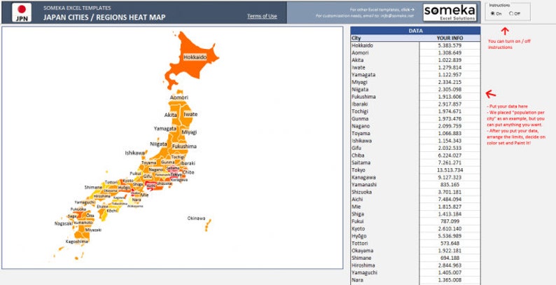 Japan Geographic Heat Map Excel Template Density Map Automatic City ...