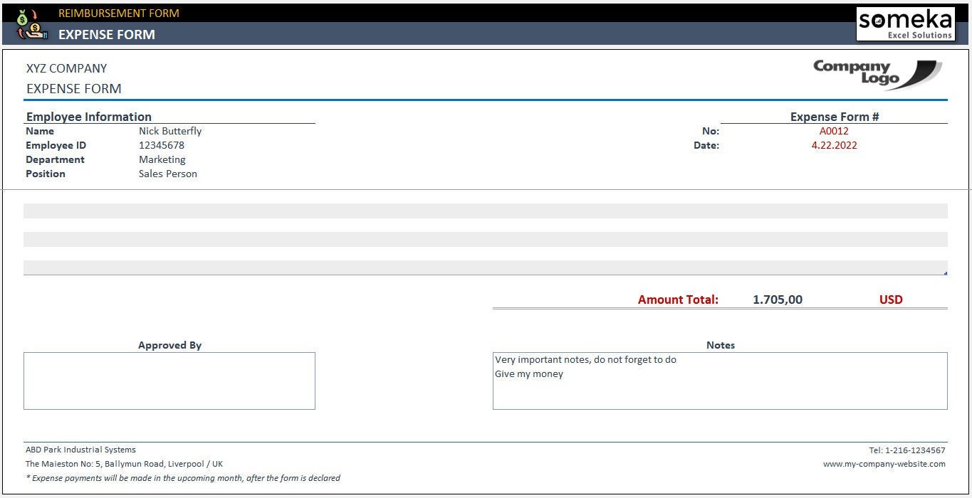 Reimbursement Form Spreadsheet | Excel Template | Employee Expense ...