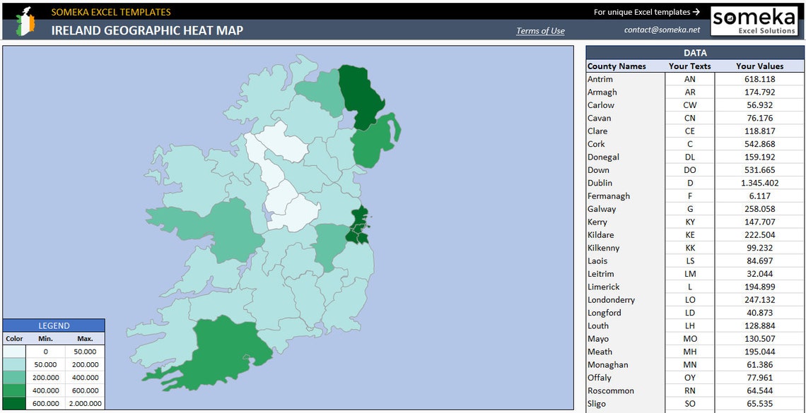 Ireland Geographic Heat Map Generator | Heat Map | Excel Heat Map Maker ...