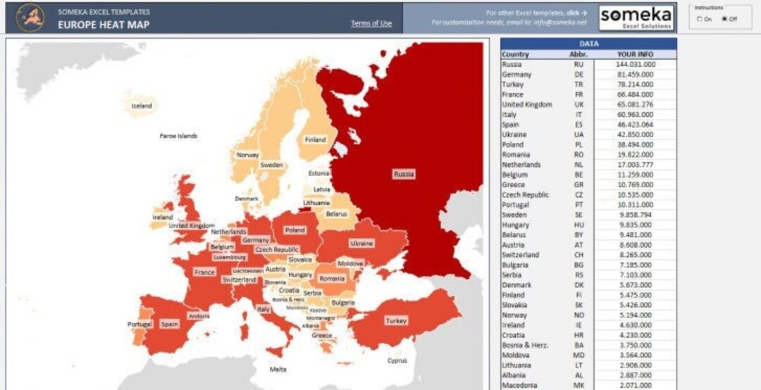 Europe Heat Map Excel Template | Density Map | Automatic City Coloring ...