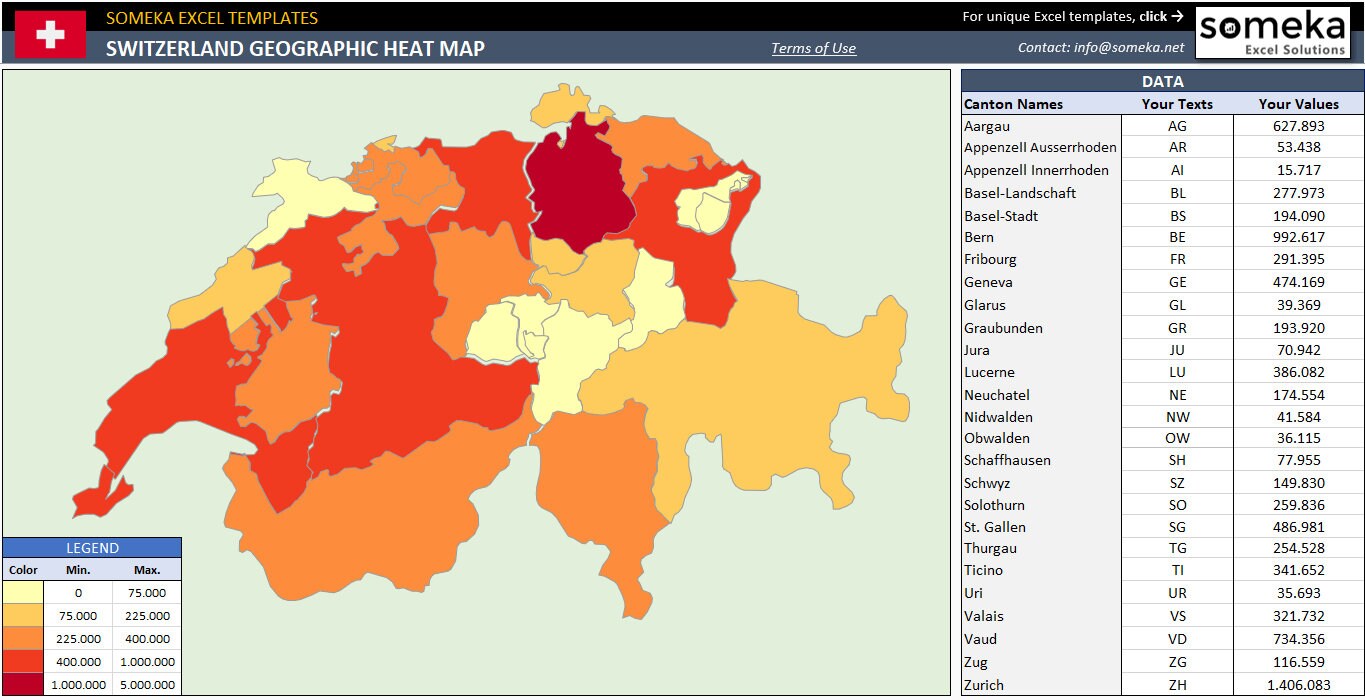 Switzerland Geographic Heat Map | Excel Template | Density Map ...