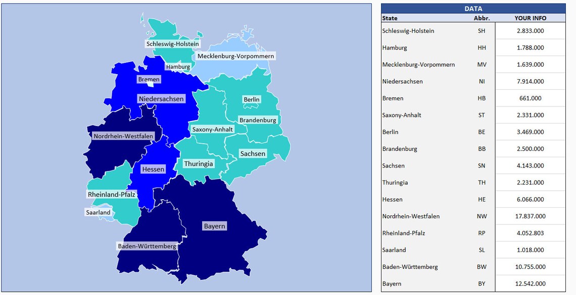 Germany Geographic Heat Map Excel Template Density Map - Etsy UK