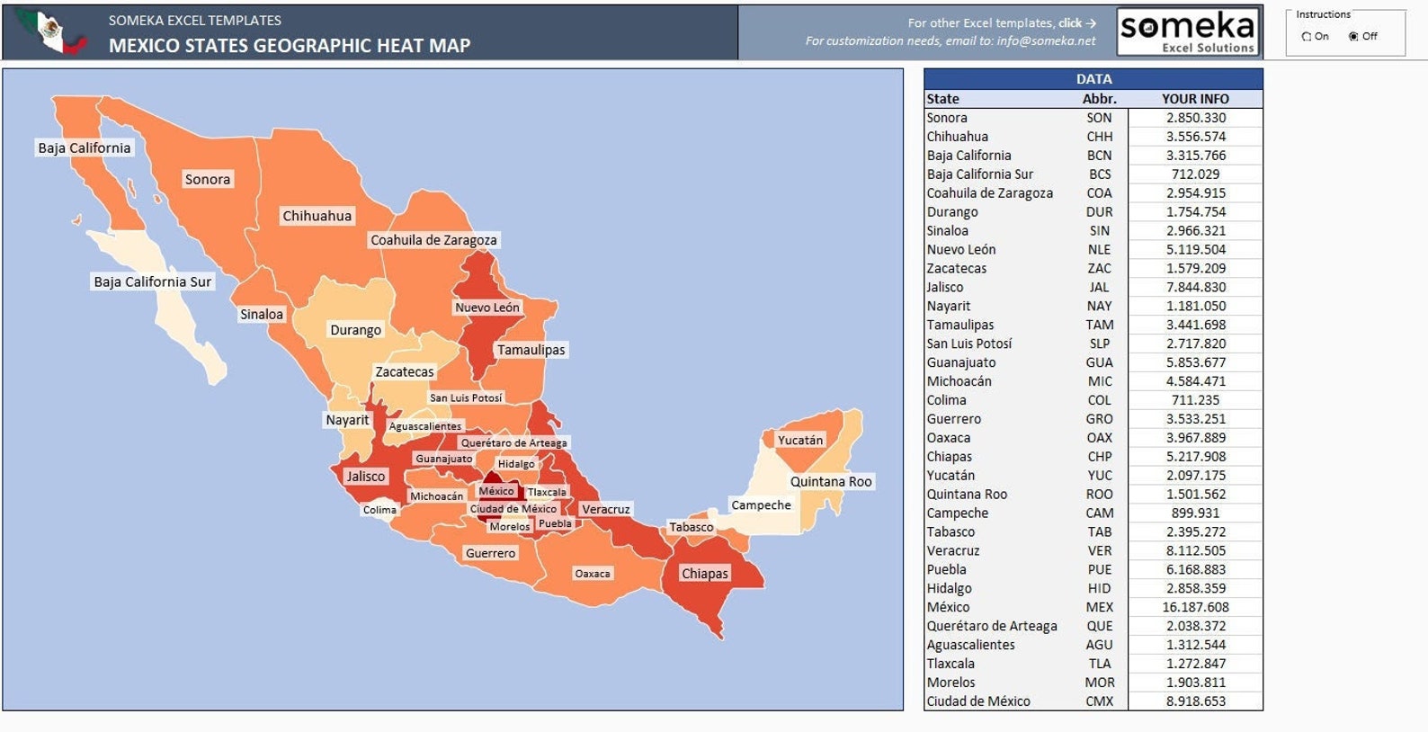Mexico Geographic Heat Map | Excel Template | Density Map | Automatic ...