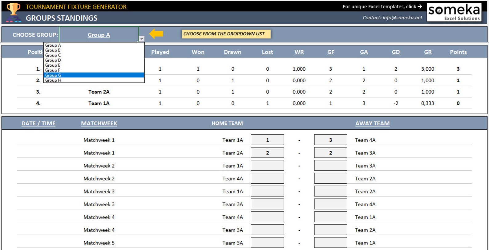 Tournament Fixture Generator: Excel Template, Sports Elimination ...