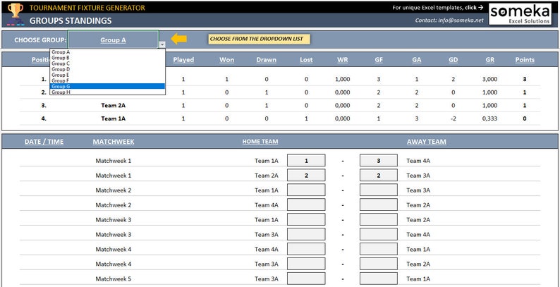 Tournament Fixture Generator: Excel Template, Sports Elimination ...