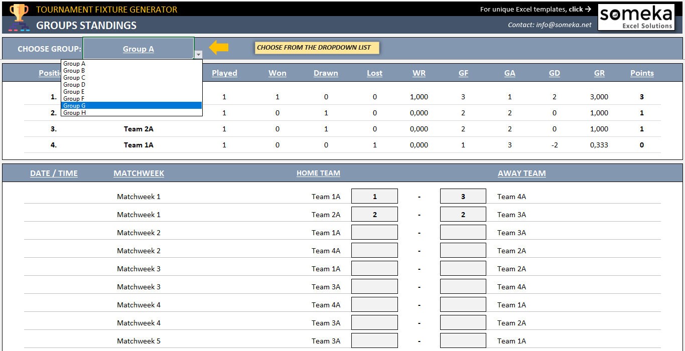 Tournament Fixture Generator: Excel Template, Sports Elimination ...