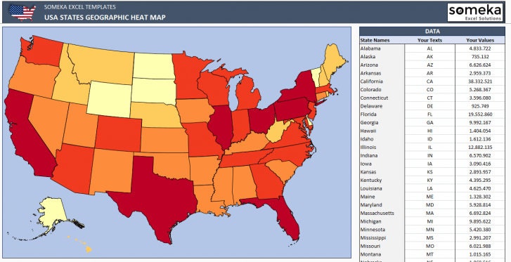 USA Geographic Heat Map | Excel Template | Density Map | Automatic City ...