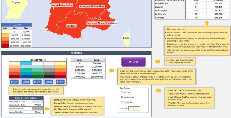 France Geographic Heat Map Excel Template Density Map Automatic City ...